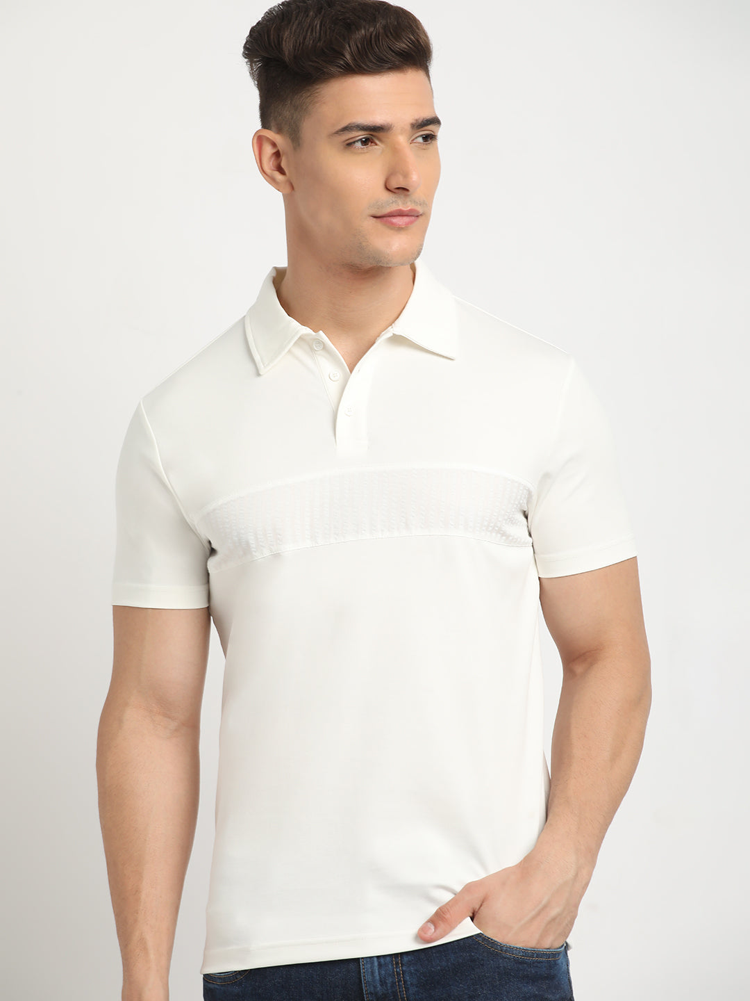 Shop Men White Solid Slim Fit Polo Collar Tshirt Online